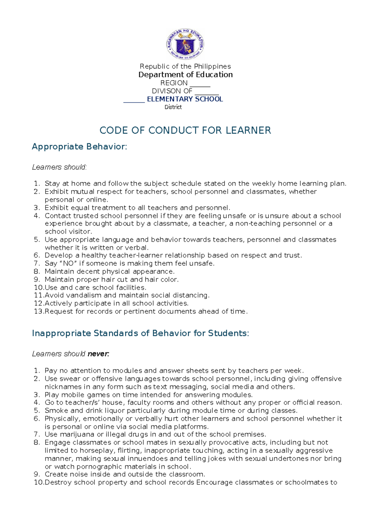 Code of Conduct for Learners at Cansoso Elementary School - Studocu