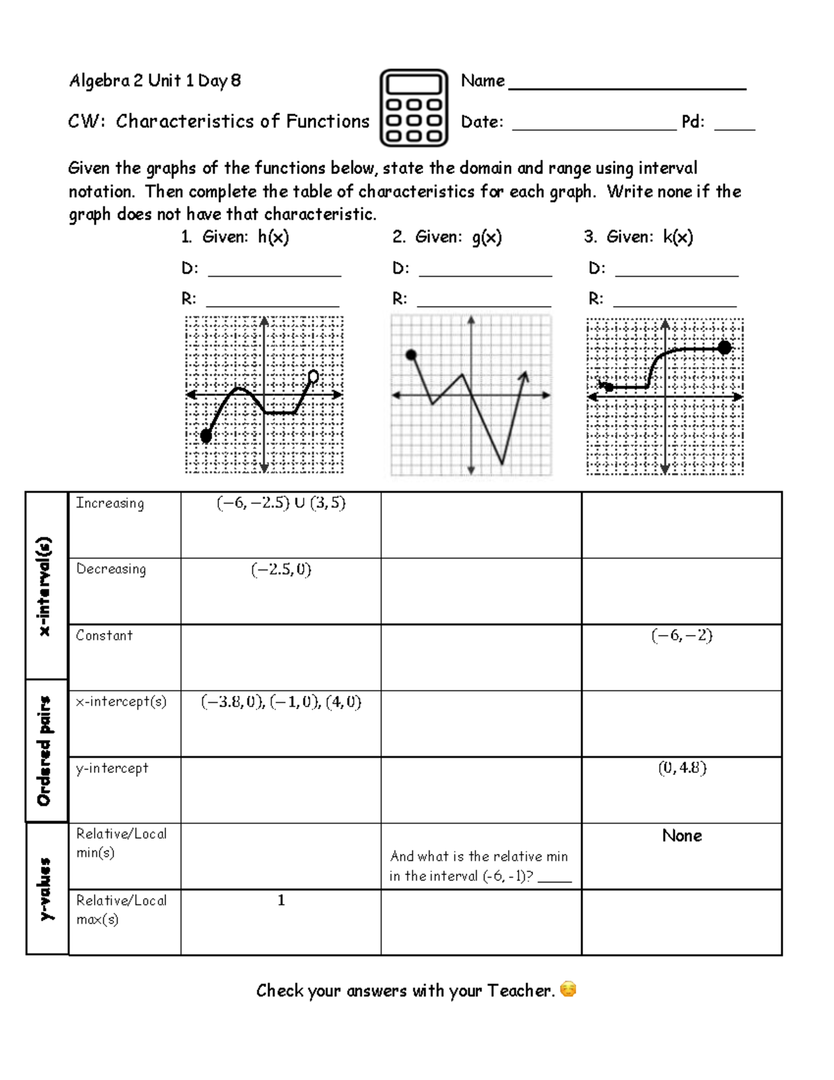 Algebra 2 Unit 1 Day 8: Characteristics of Functions HW Guide - Studocu