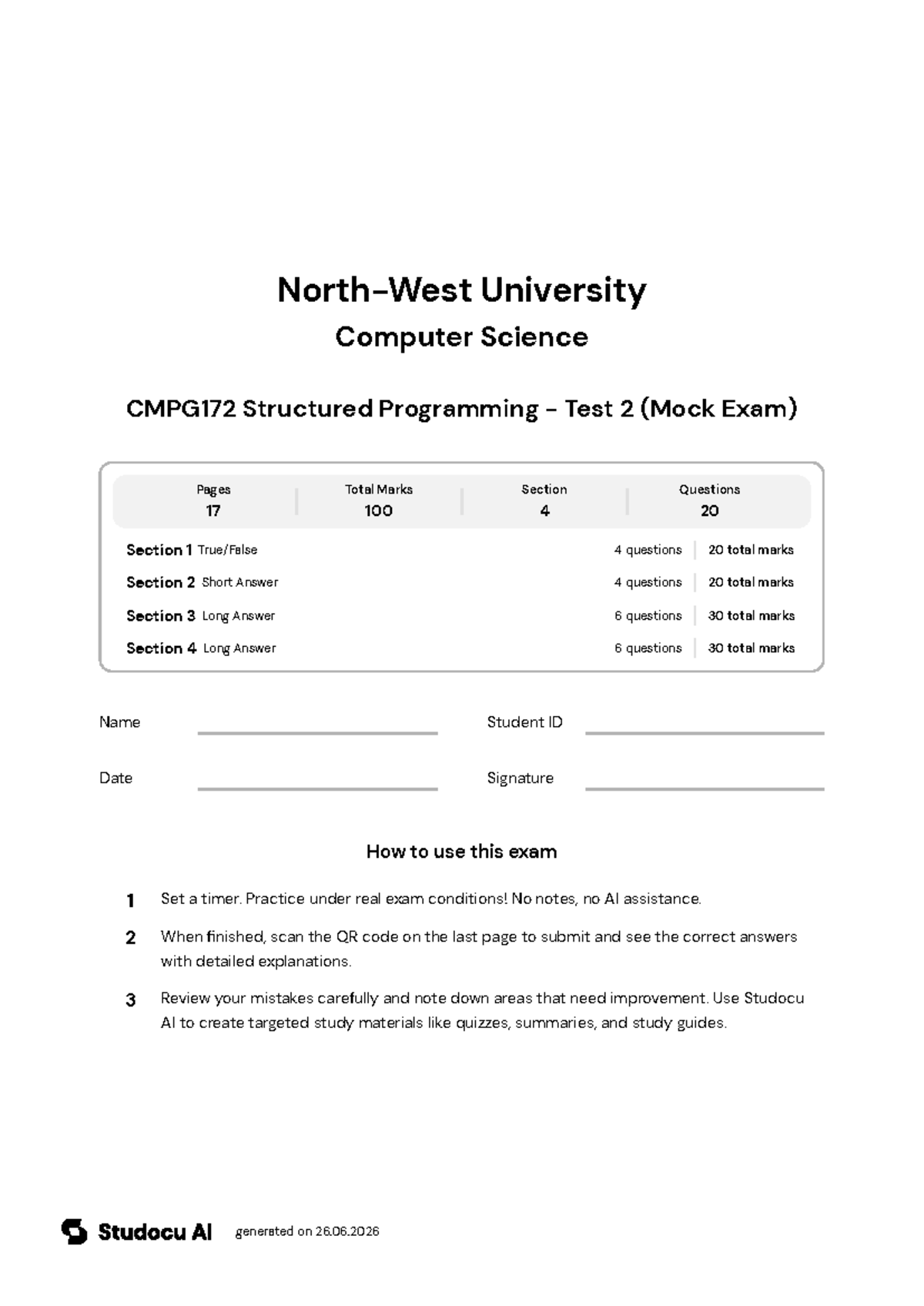 CMPG172 Structured Programming - Test 2 (Mock Exam) - Studocu