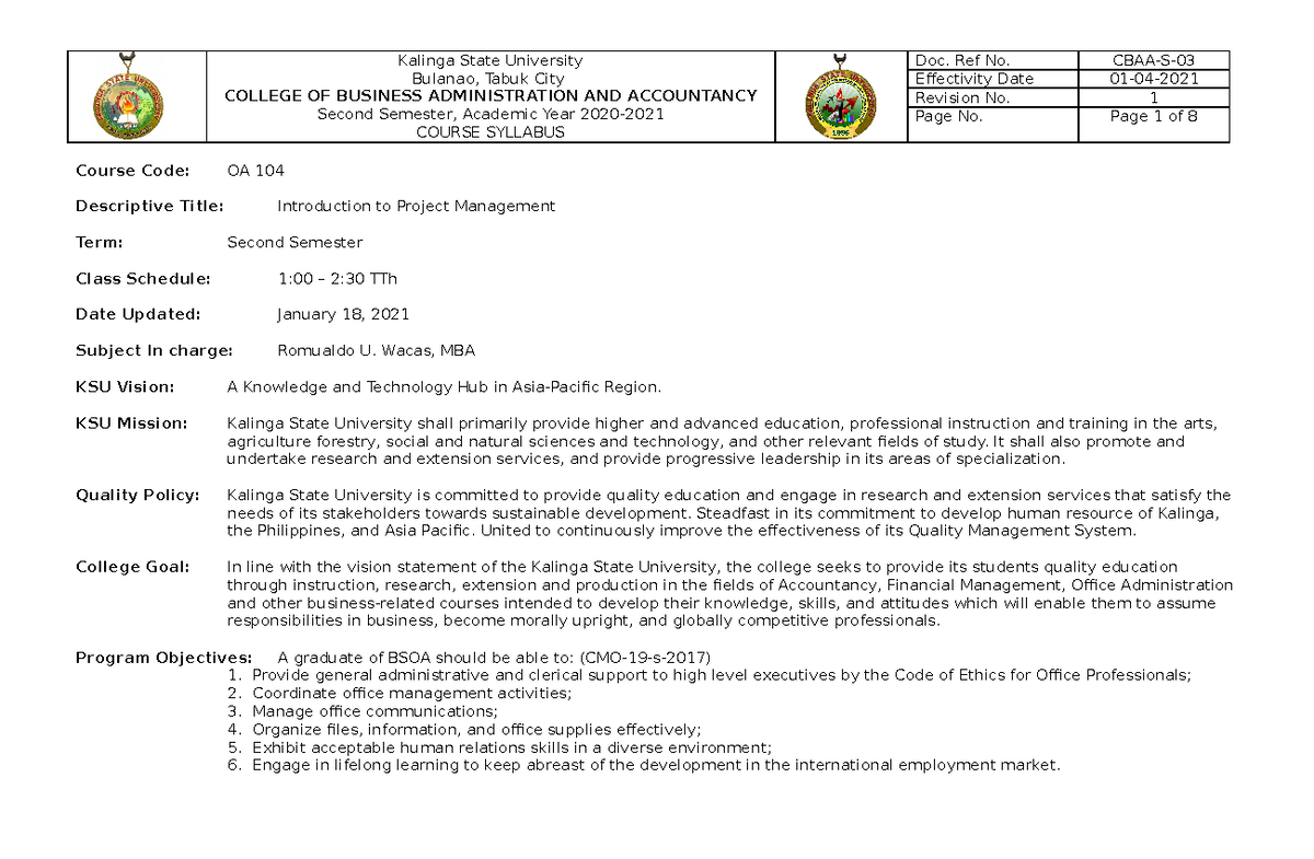 Introduction to Project Management Syllabus 2021 - Bulanao, Tabuk City ...