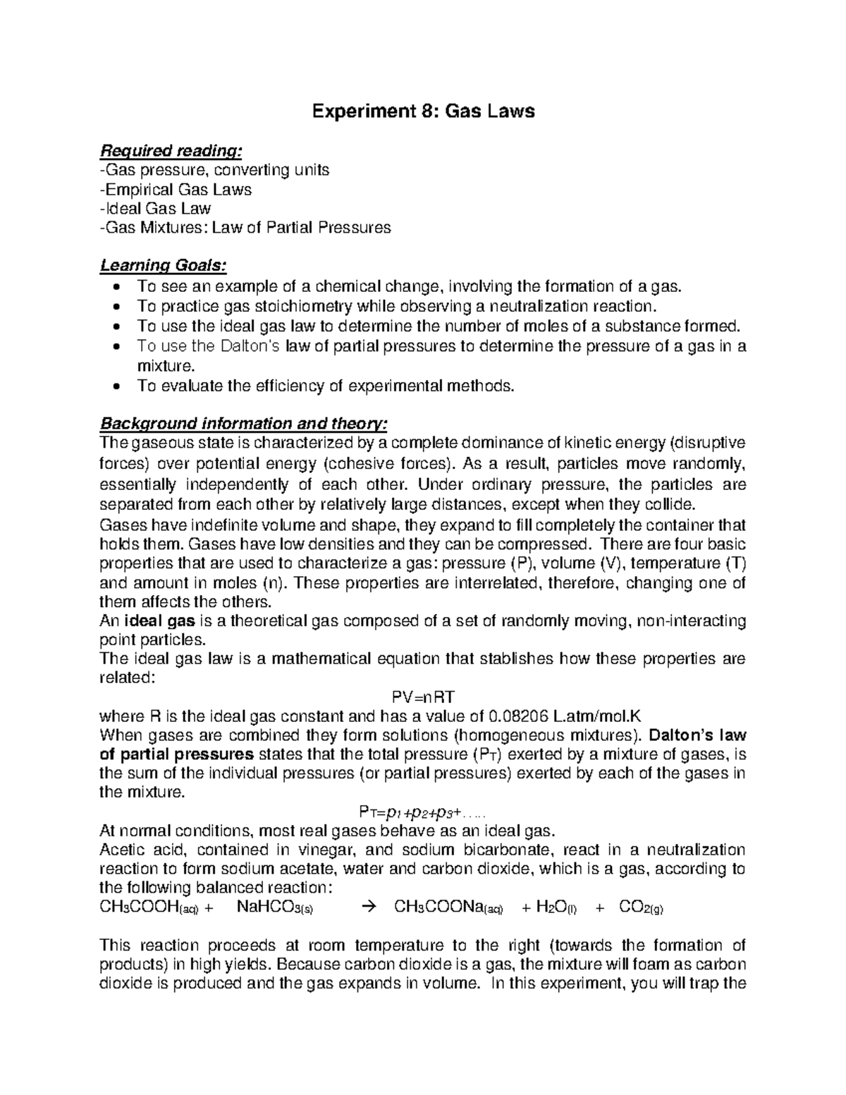 Gas Laws Experiment Overview: Insights from Chapter 8 Concepts - Studocu