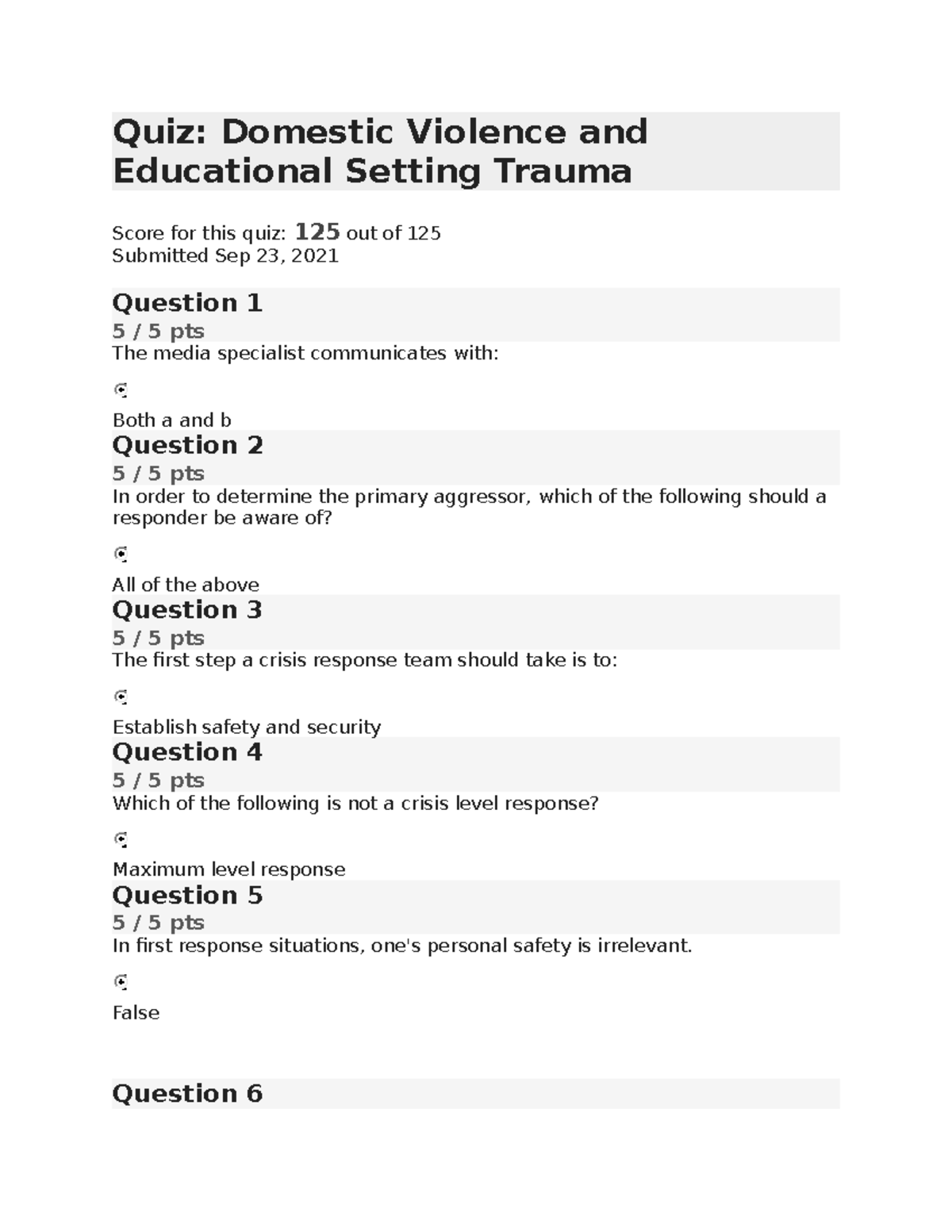 Quiz: Domestic Violence & Trauma in Educational Settings (Score: 125 ...