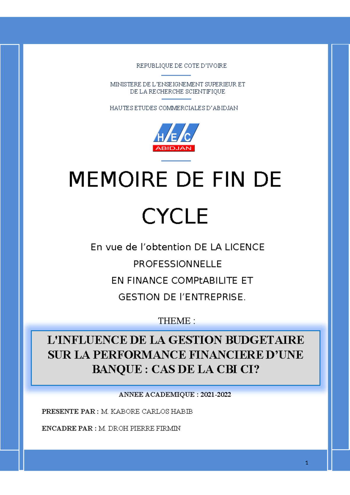 Mémoire Master 2: Influence de la Gestion Budgétaire sur la Performance ...