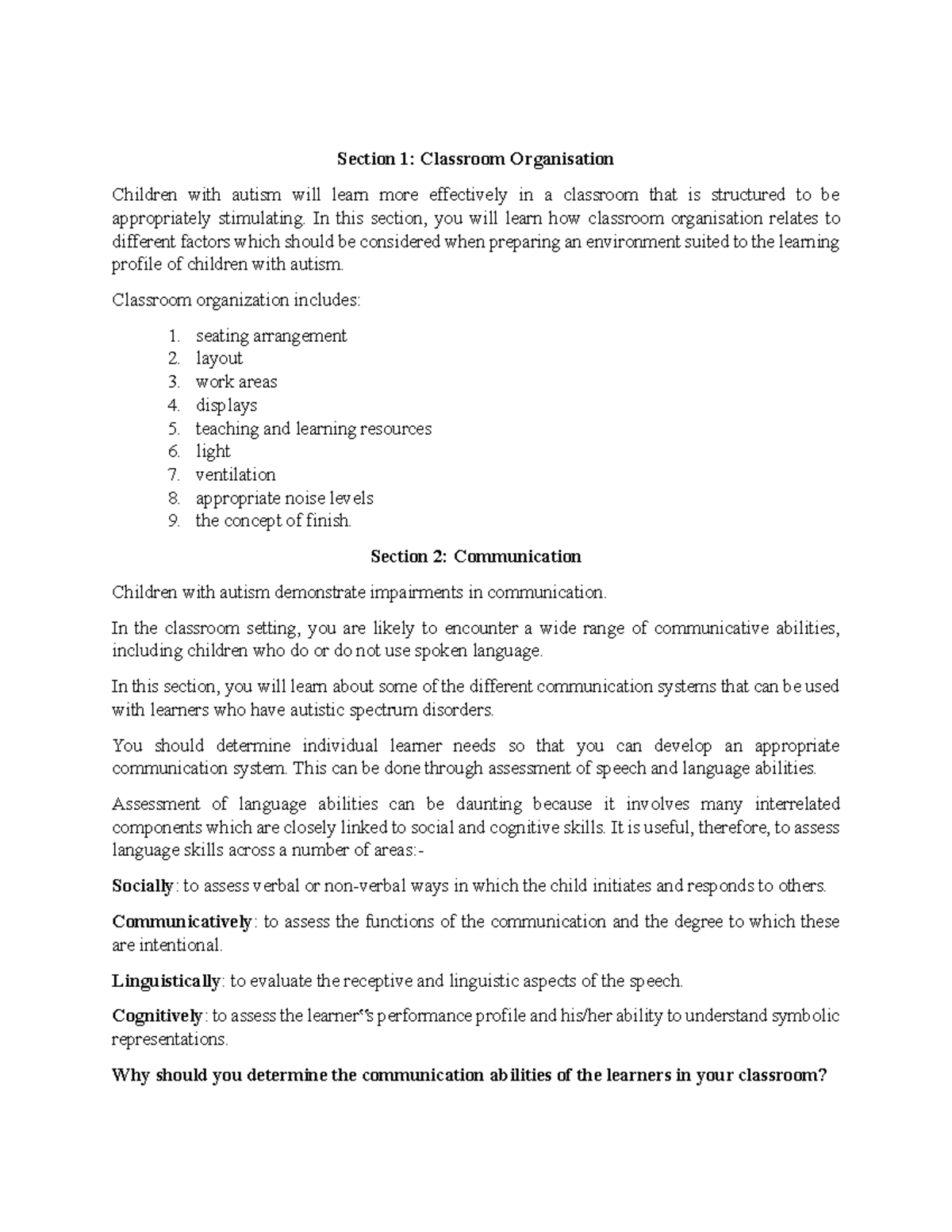 Section 1 - autism - Section 1: Classroom Organisation Children with ...