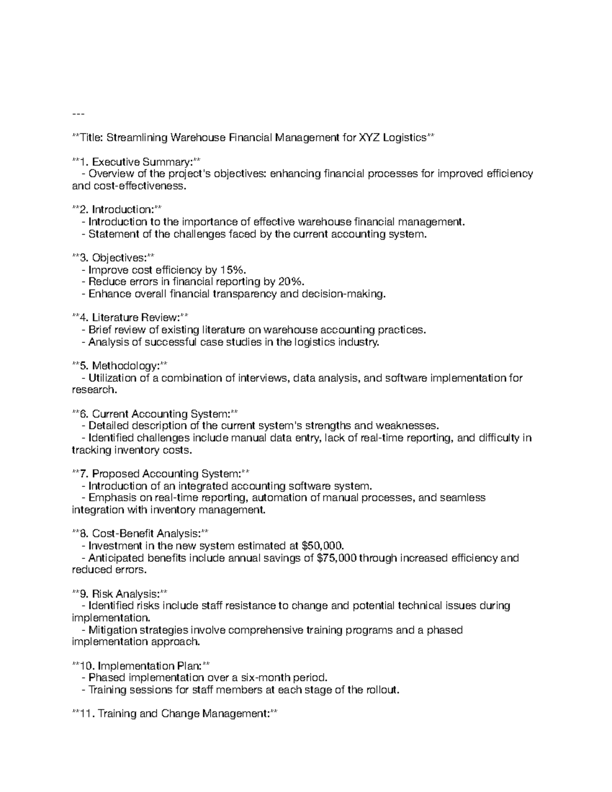 Accounting template for XYZ management - Title: Streamlining Warehouse ...