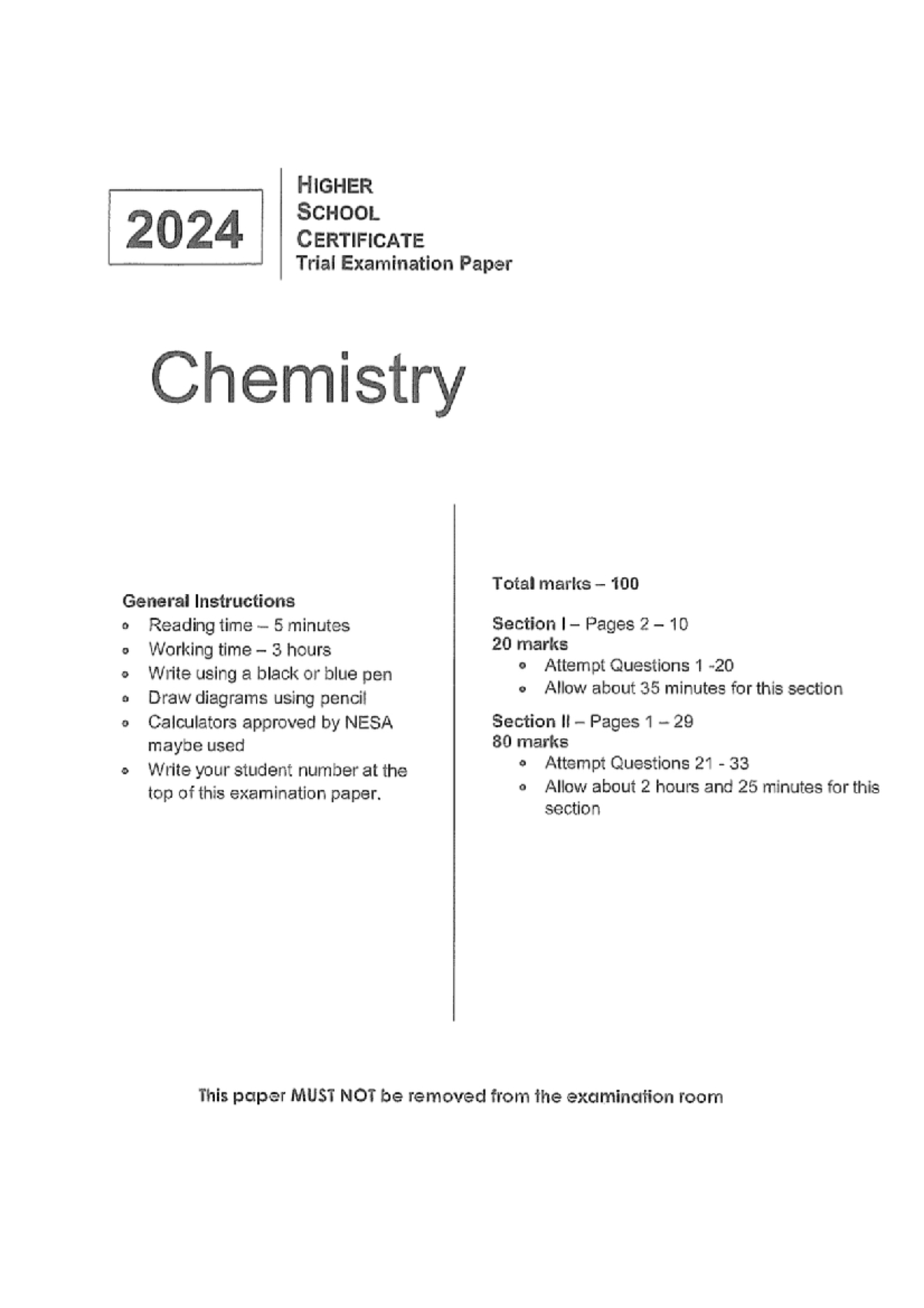 2024 HSC Chemistry Trial Exam Paper - Comprehensive Guide - Studocu
