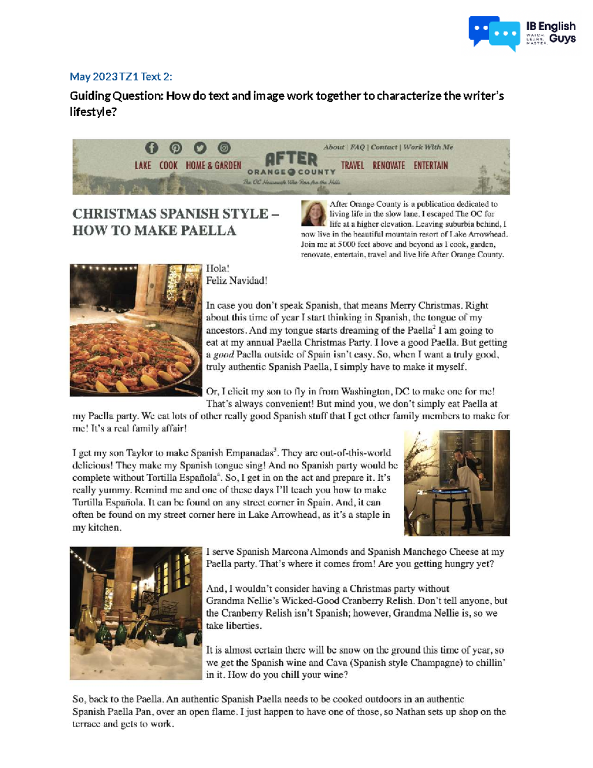 IB English EARN: Analyzing Text and Image in Paella Party Lifestyle ...