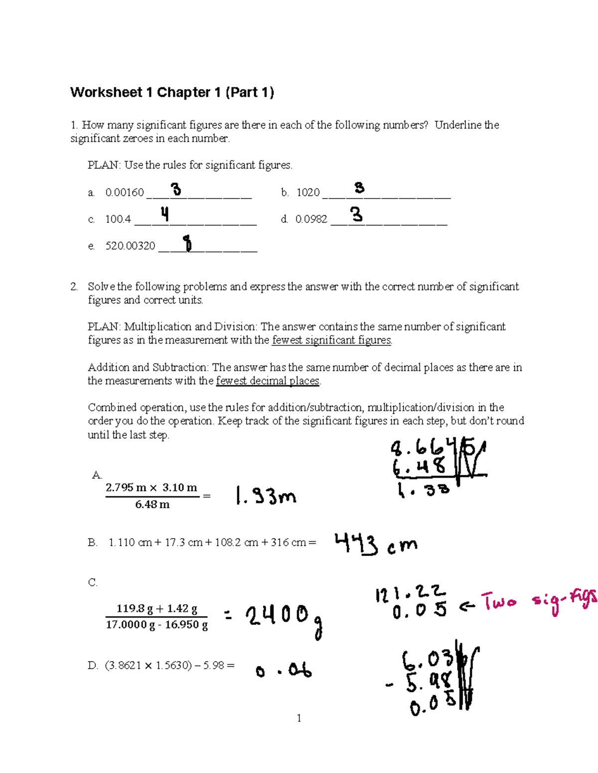 Chemistry Worksheet 1: Significant Figures & Unit Conversions - Studocu