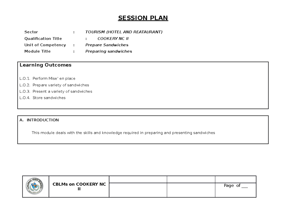 Sandwich Preparation Session Plan for Cookery NC II Course - Studocu
