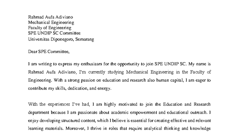 Application for SPE UNDIP SC Membership - Rahmad Aufa Adiviano - Studocu