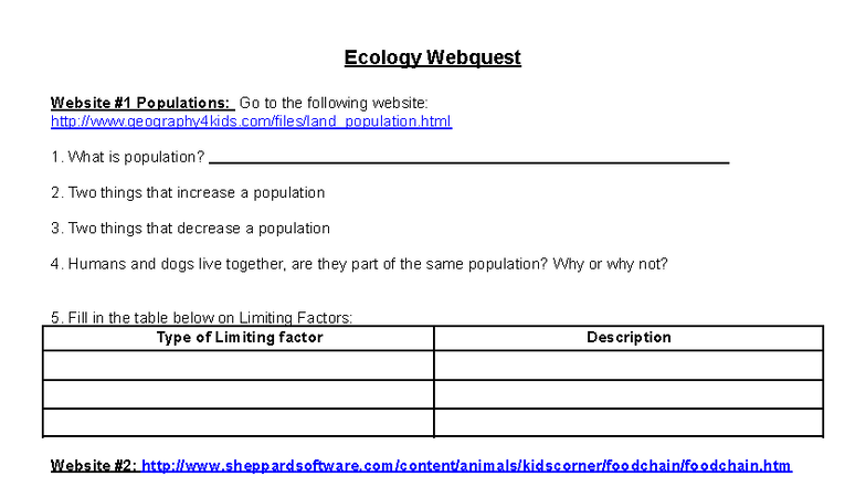 Ecology Webquest Handout: Populations & Food Chains - Studocu