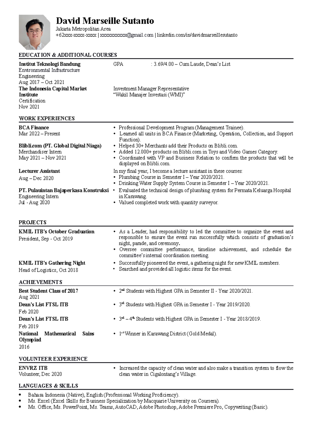 CV Template for David Marseille Sutanto - Employment & Education - Studocu