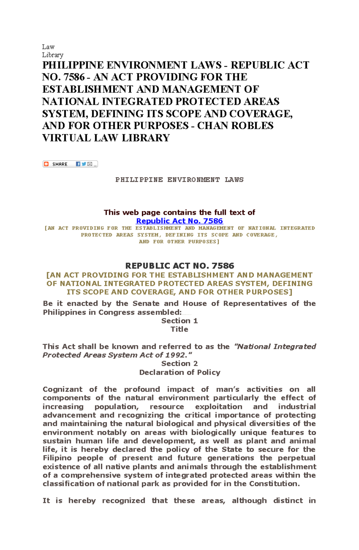 Nipas Law - HARMONIZATION OF LAWS - Law Library PHILIPPINE ENVIRONMENT ...