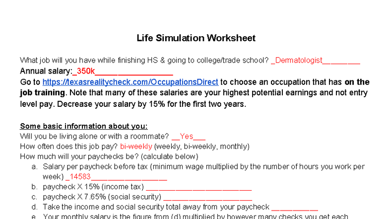 Life Simulation Worksheet: Budgeting for HS Students - Studocu
