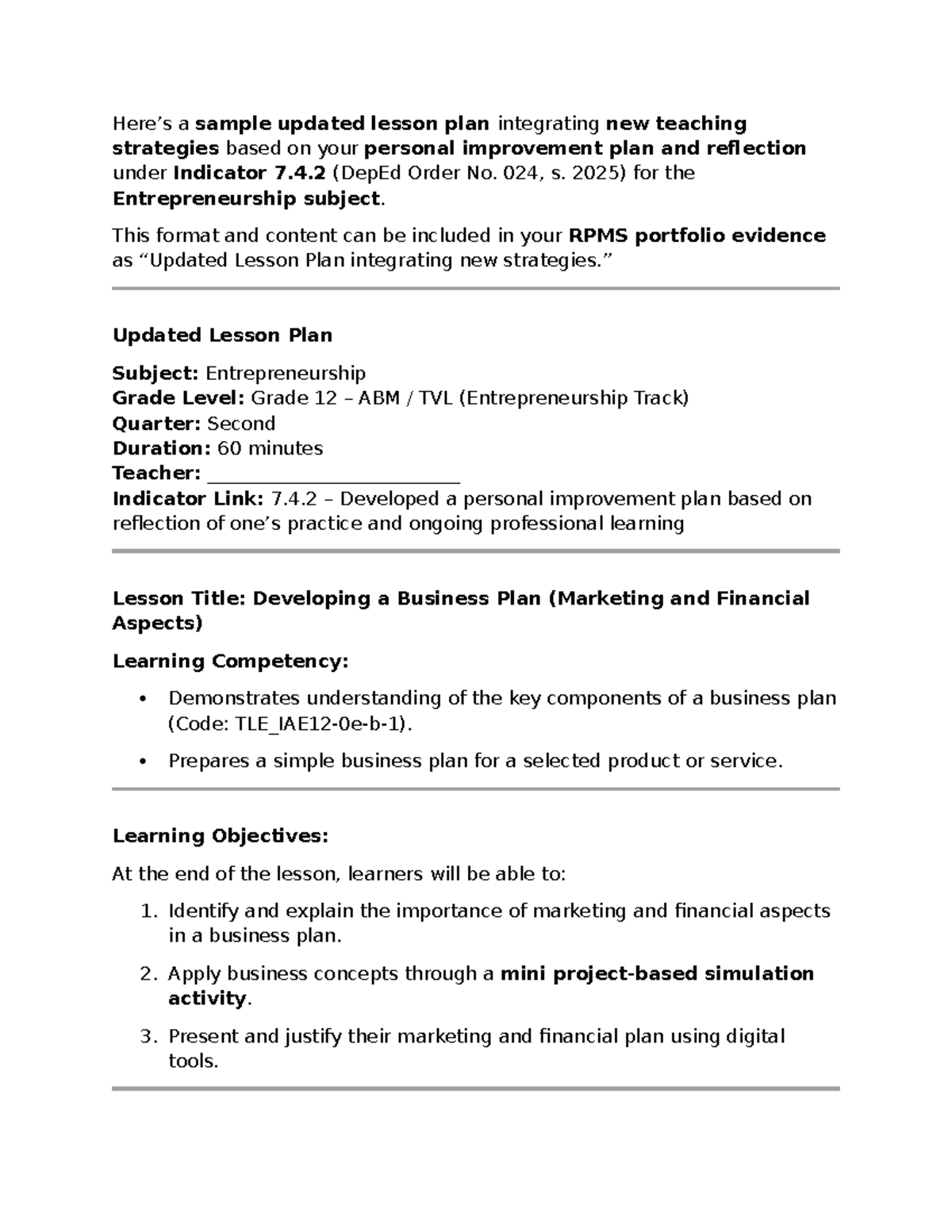 Updated Lesson Plan: Developing a Business Plan for Entrepreneurship ...