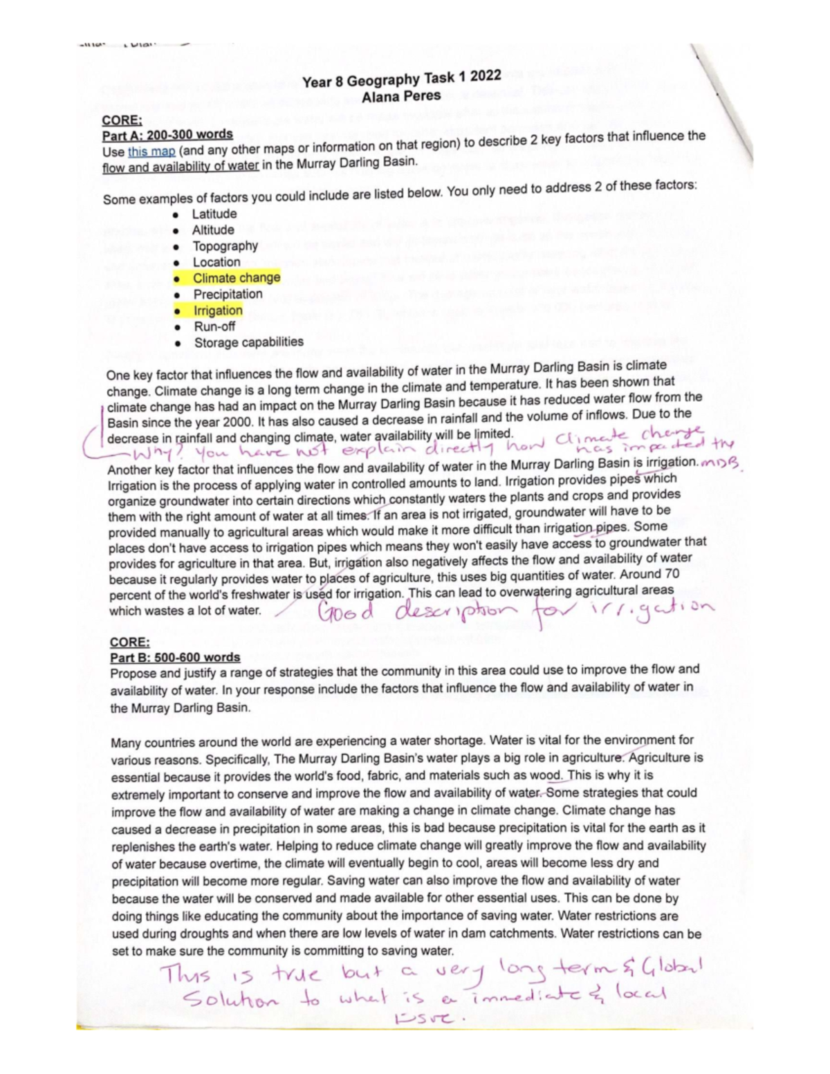 Year 8 Geography Task 1: Key Factors Influencing Water in Murray ...