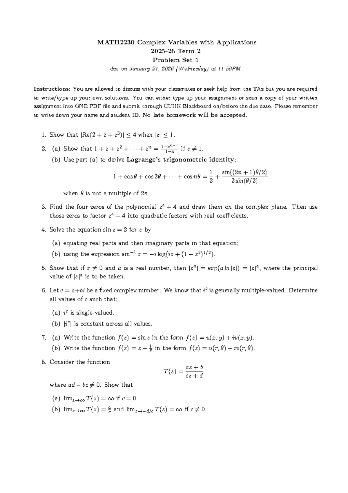 MATH2230 Complex Variables Term 2 Problem Set 1 Instructions - Studocu