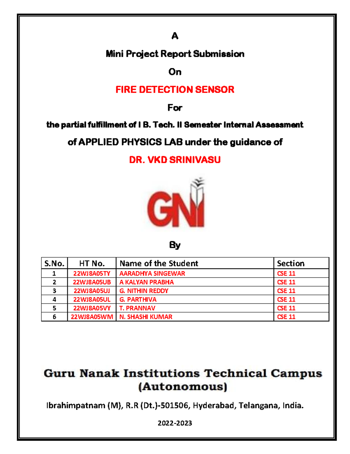 Mini Project Report on Fire Detection Sensor - APPLIED PHYSICS LAB ...