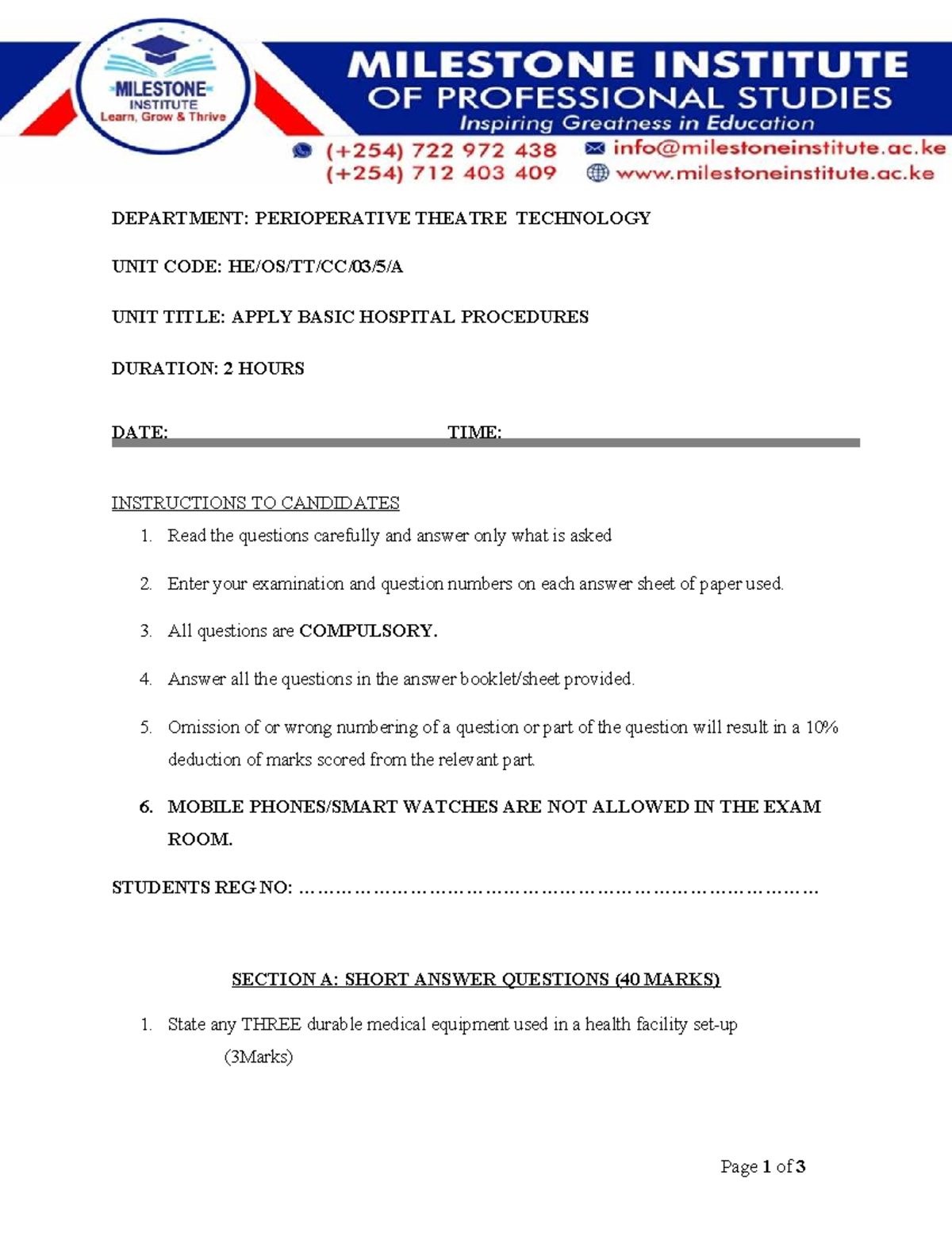 Apply Basic Hospital Procedures Level 5 - Main Exam Guide - Studocu
