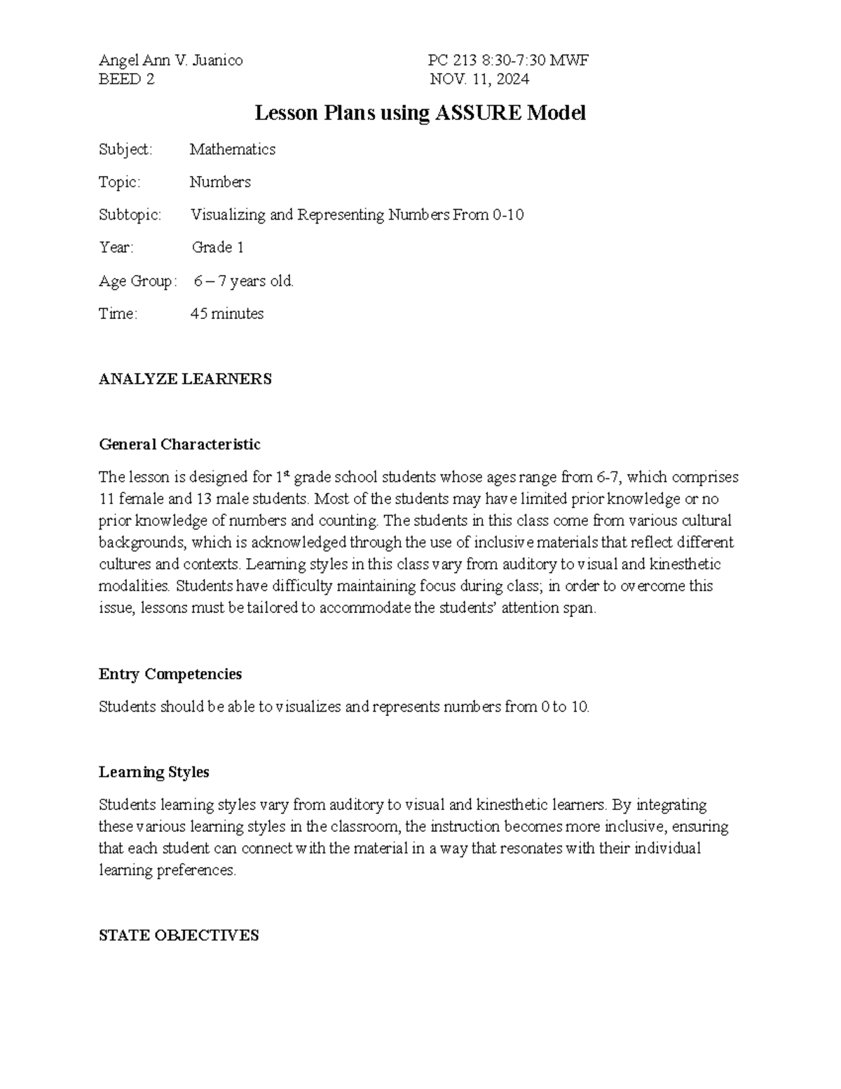 Assure Model - Wala - BEED 2 NOV. 11, 2024 Lesson Plans using ASSURE ...