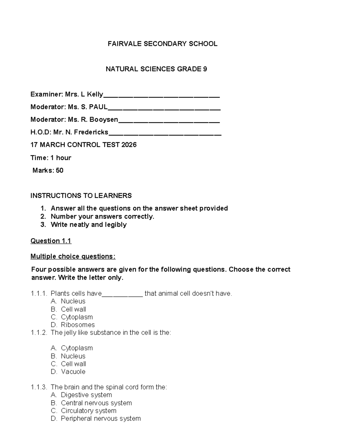 NS Grade 9 March 2026 Control Test Practice Material - Studocu