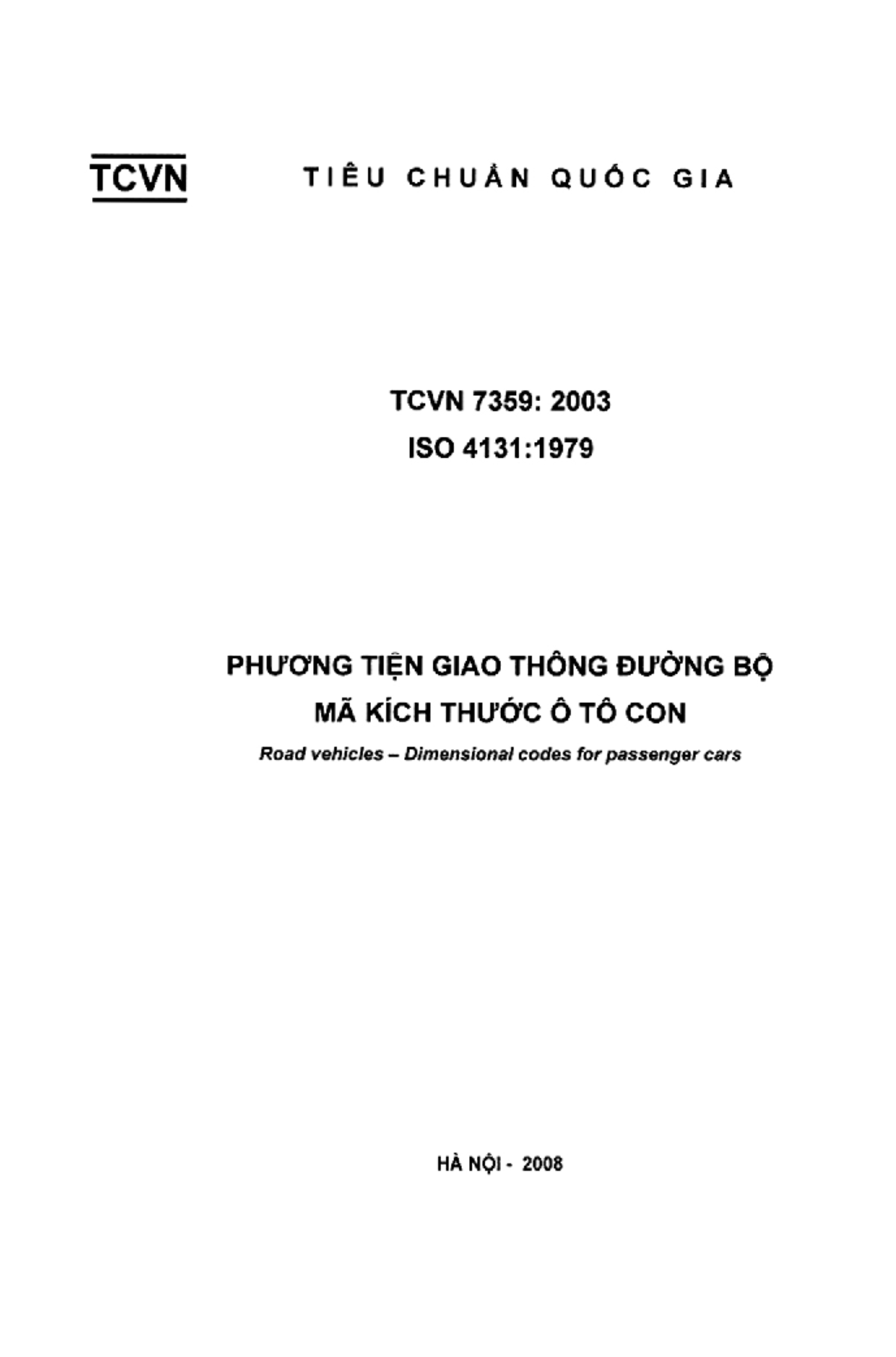 TCVN 7359:2003 - Mã Kích Thước Ô Tô Con (ISO 4131:1979) - Studocu