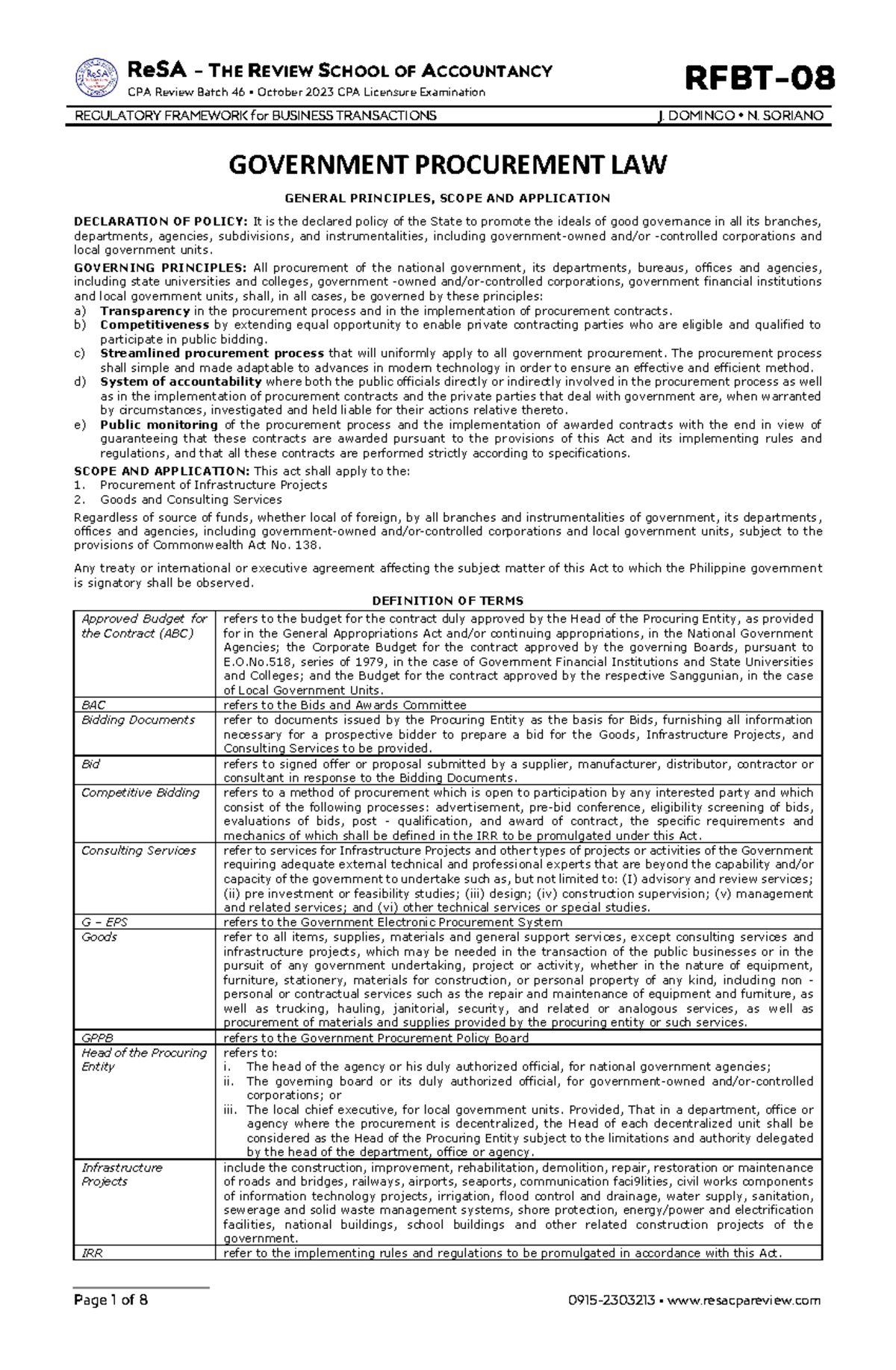 RFBT-08 Government Procurement Law: Principles, Scope & Process Notes ...