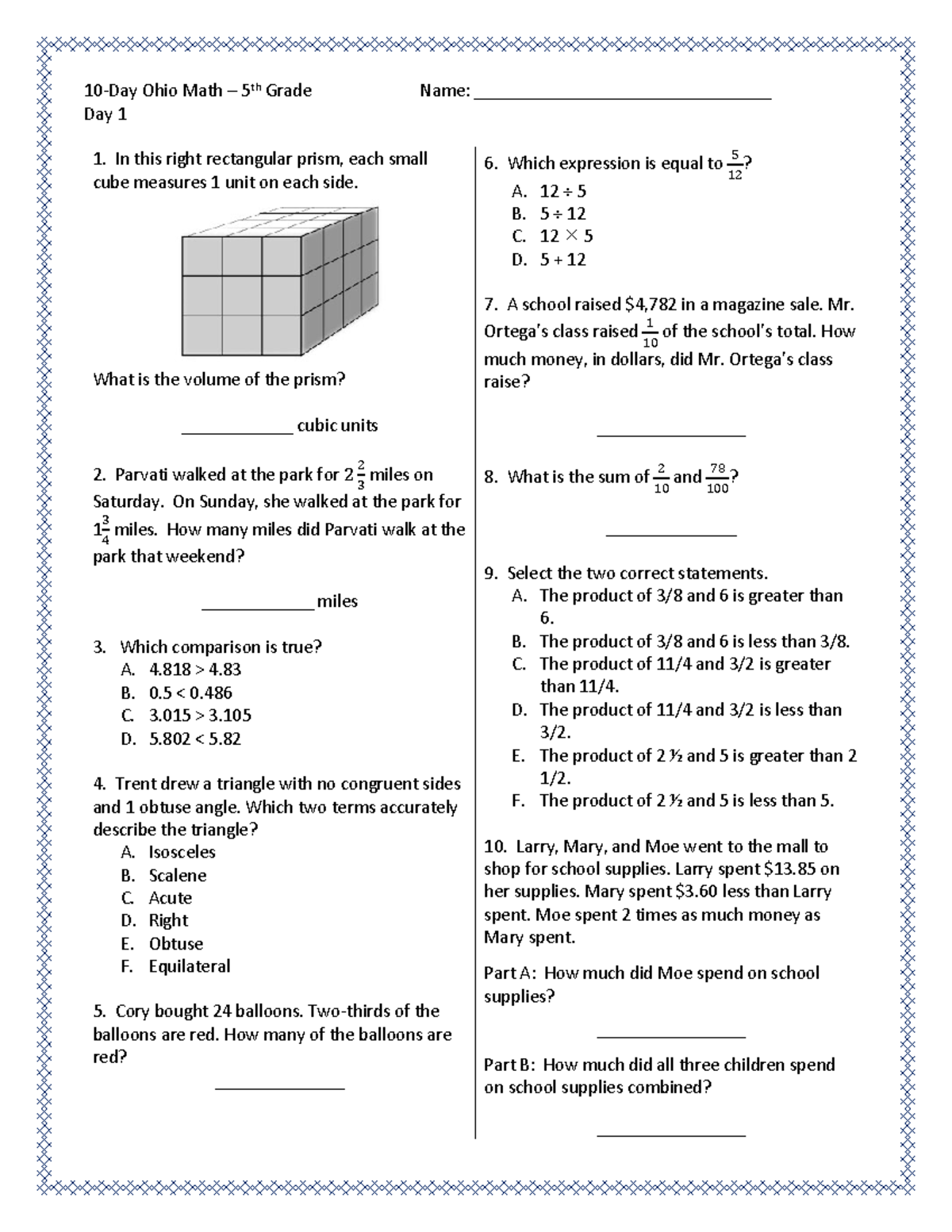 5th Grade Ohio OST Math Test Prep: 10 Days of Practice - Studocu