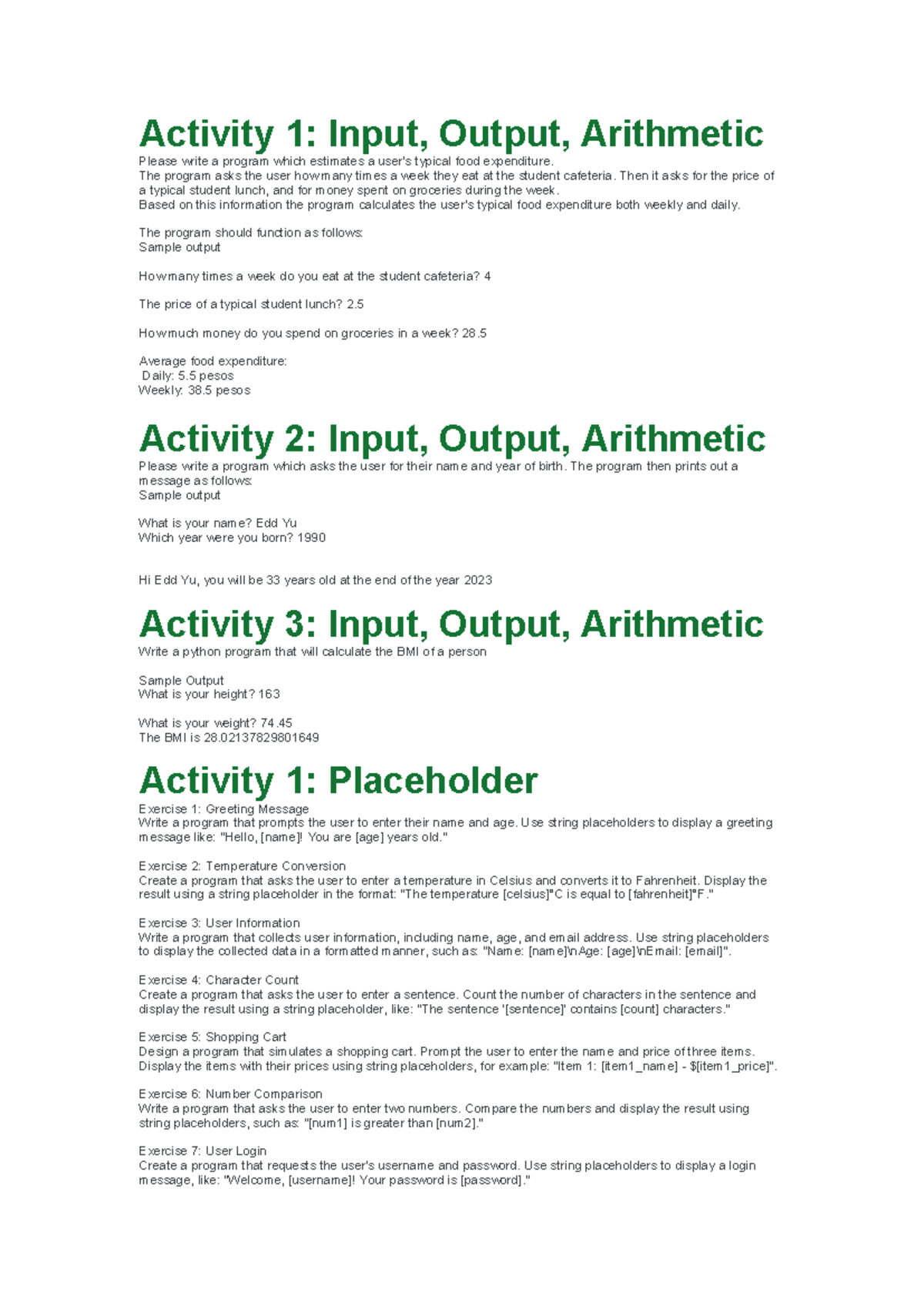 Python Programming Essentials: Activities Overview and Exercises - Studocu