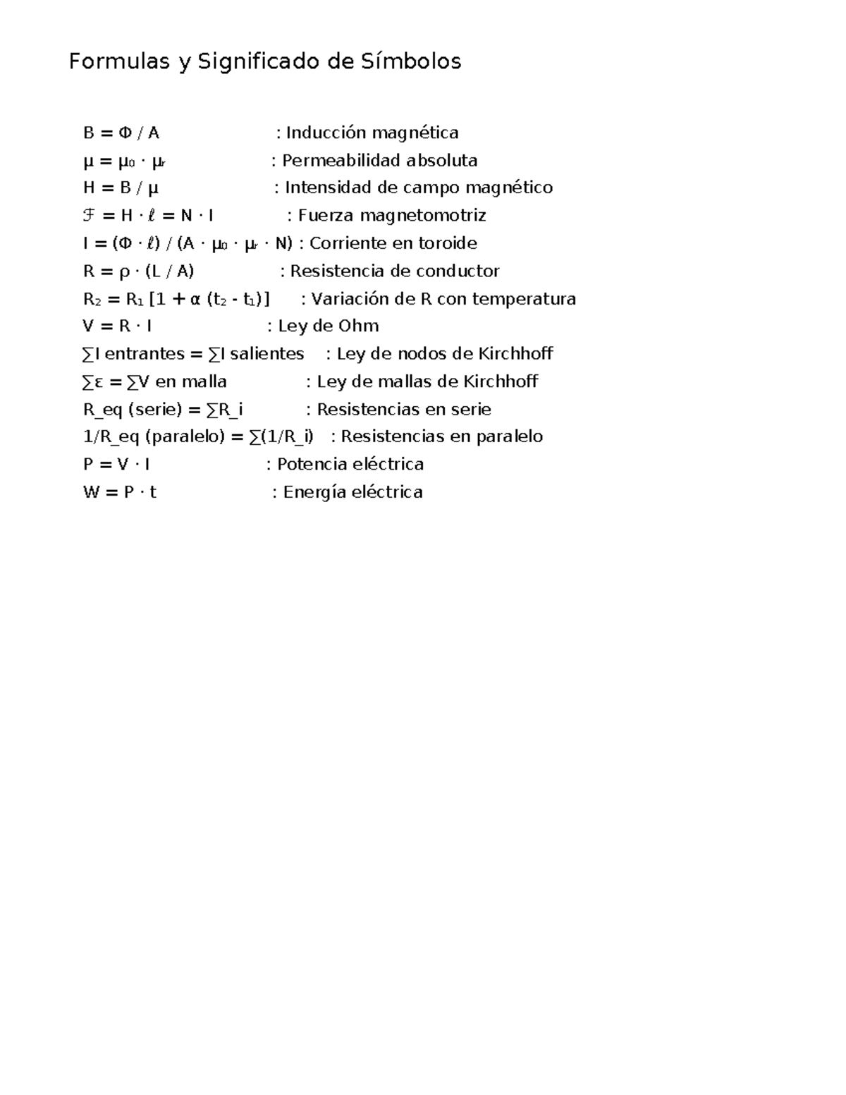 Formulas y Significado de Símbolos: Corriente Continua y Magnetismo ...