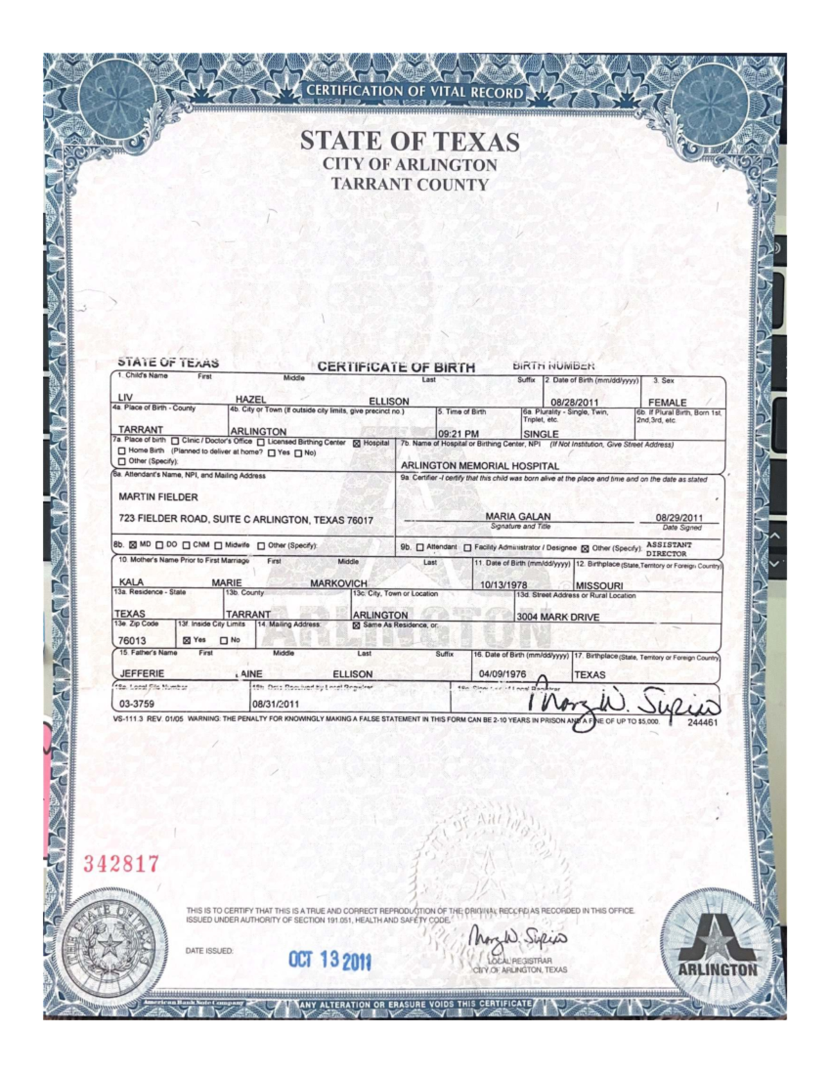Texas Birth Certificate - Vital Record for LIV HAZEL ELLISON - Studocu