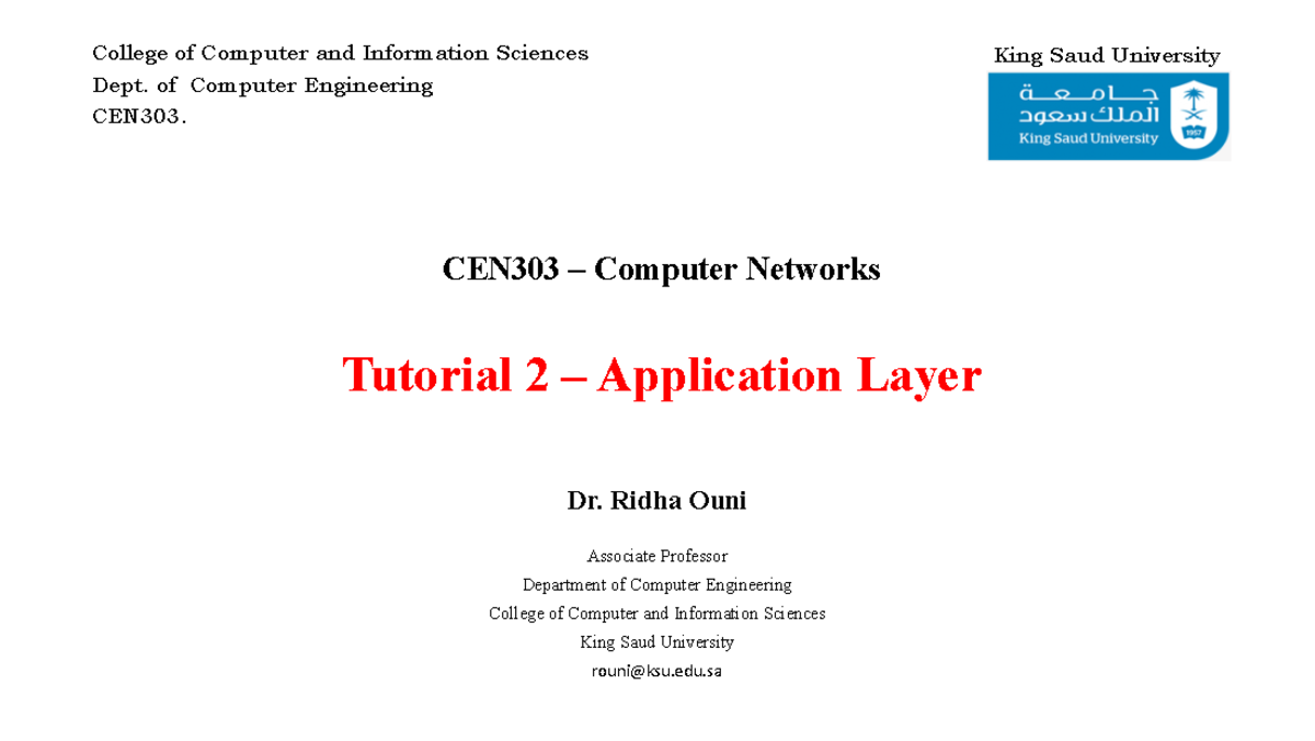 Tutorial-2-solution - ًبطنالذنافذ - CEN 303 – Computer Networks Tutorial 2 – Application Layer ...