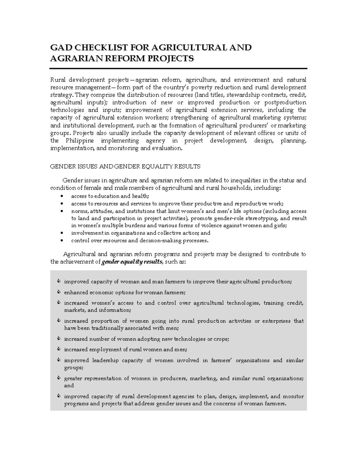 GAD Checklist for Agricultural & Agrarian Reform: 3rd Edition - Studocu
