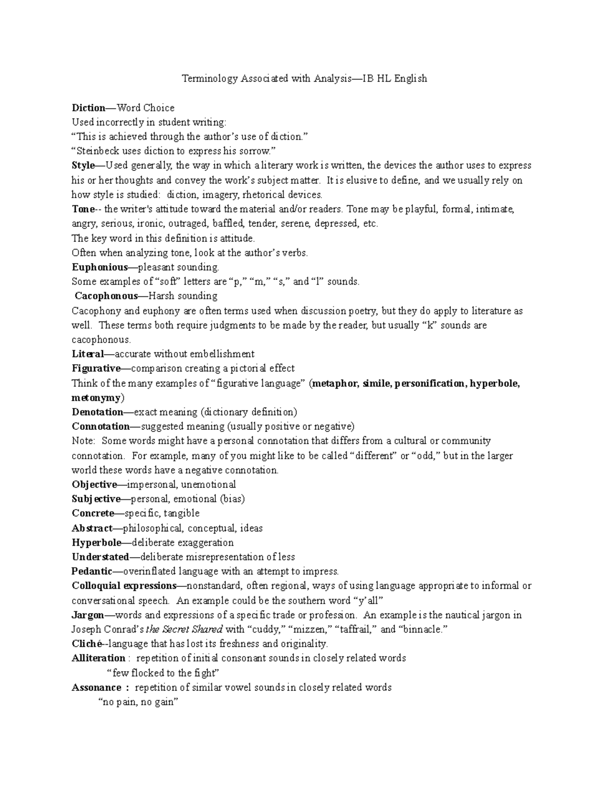 Terminology for Literary Analysis - IB HL English Notes - Studocu