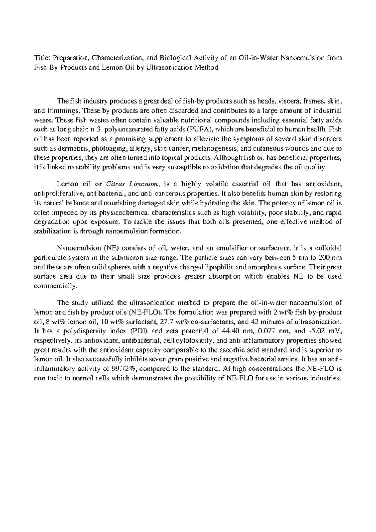 Title: Nanoemulsion from Fish & Lemon Oil: Prep & Bioactivity Study ...