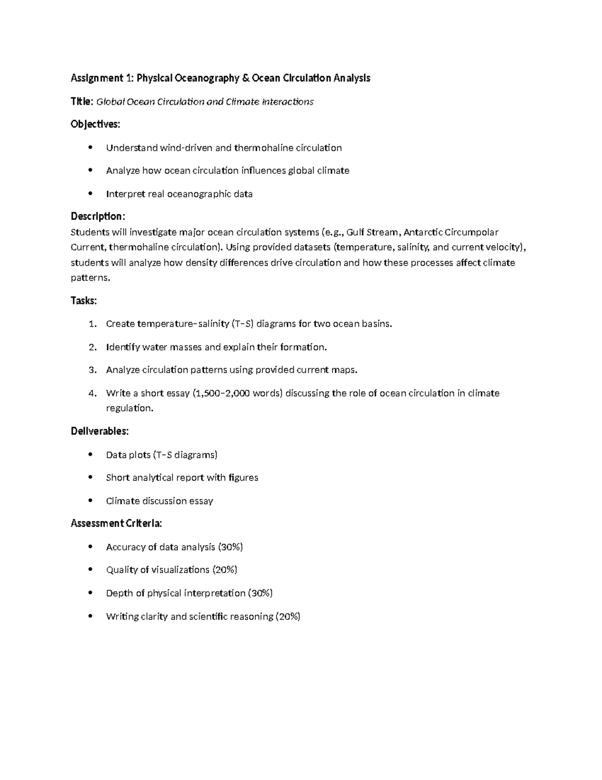 Assignment 1: Physical Oceanography - Ocean Circulation Analysis - Studocu
