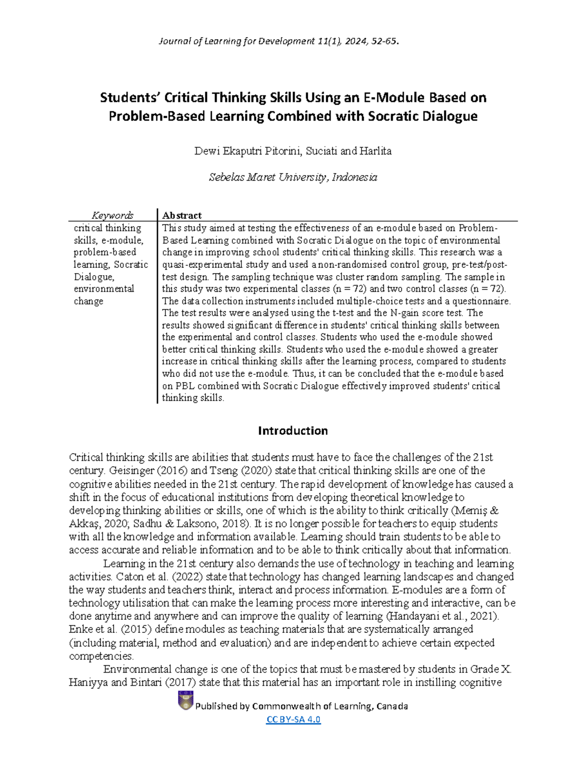 Critical Thinking Skills Enhancement through PBL and Socratic Dialogue ...