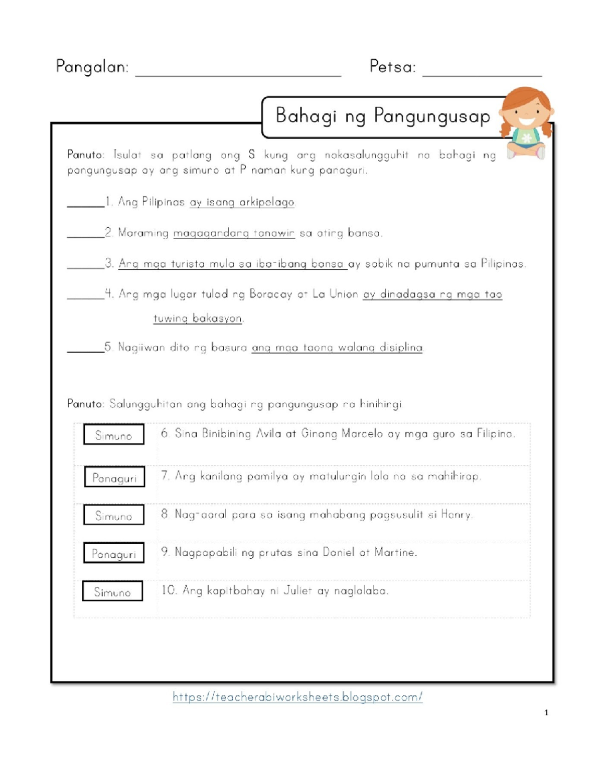 Pagsasanay sa Filipino: Worksheet 6 - Simuno at Panaguri - Studocu