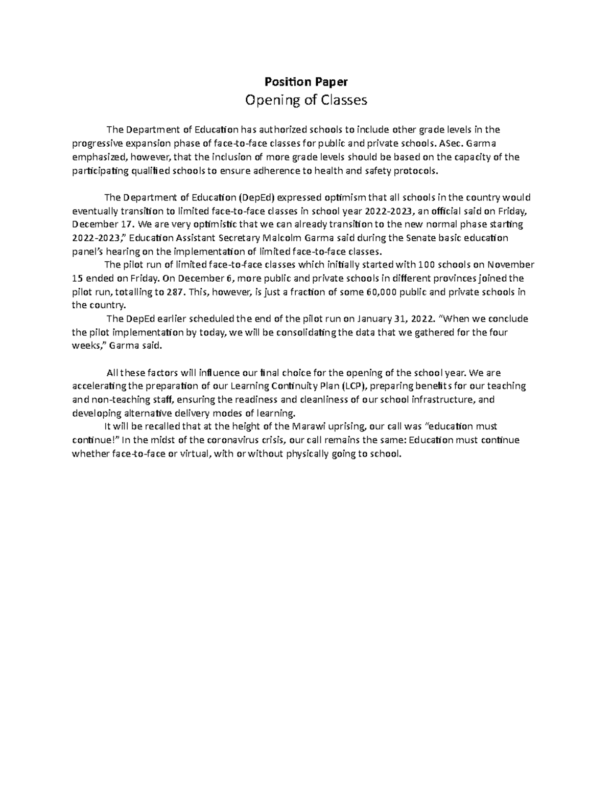 Position paper - Position Paper Opening of Classes The Department of ...
