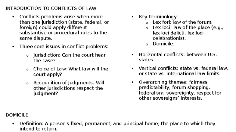 Conflicts of Law Outline: Key Concepts and Jurisdictional Issues - Studocu