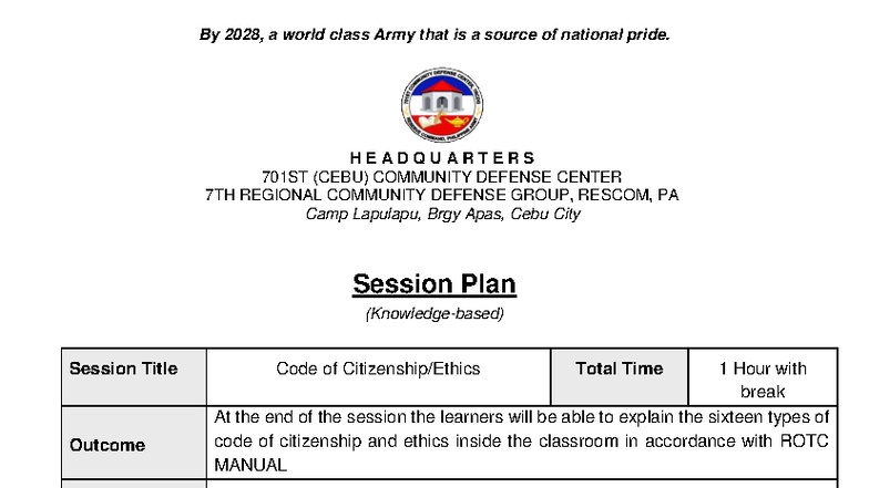 Session Plan: Code of Citizenship & Ethics in ROTC (EDU 2028) - Studocu