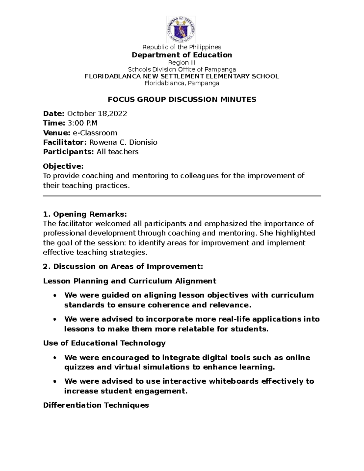 FGD Minutes: Coaching & Mentoring for Teachers - Oct 18, 2022 - Studocu