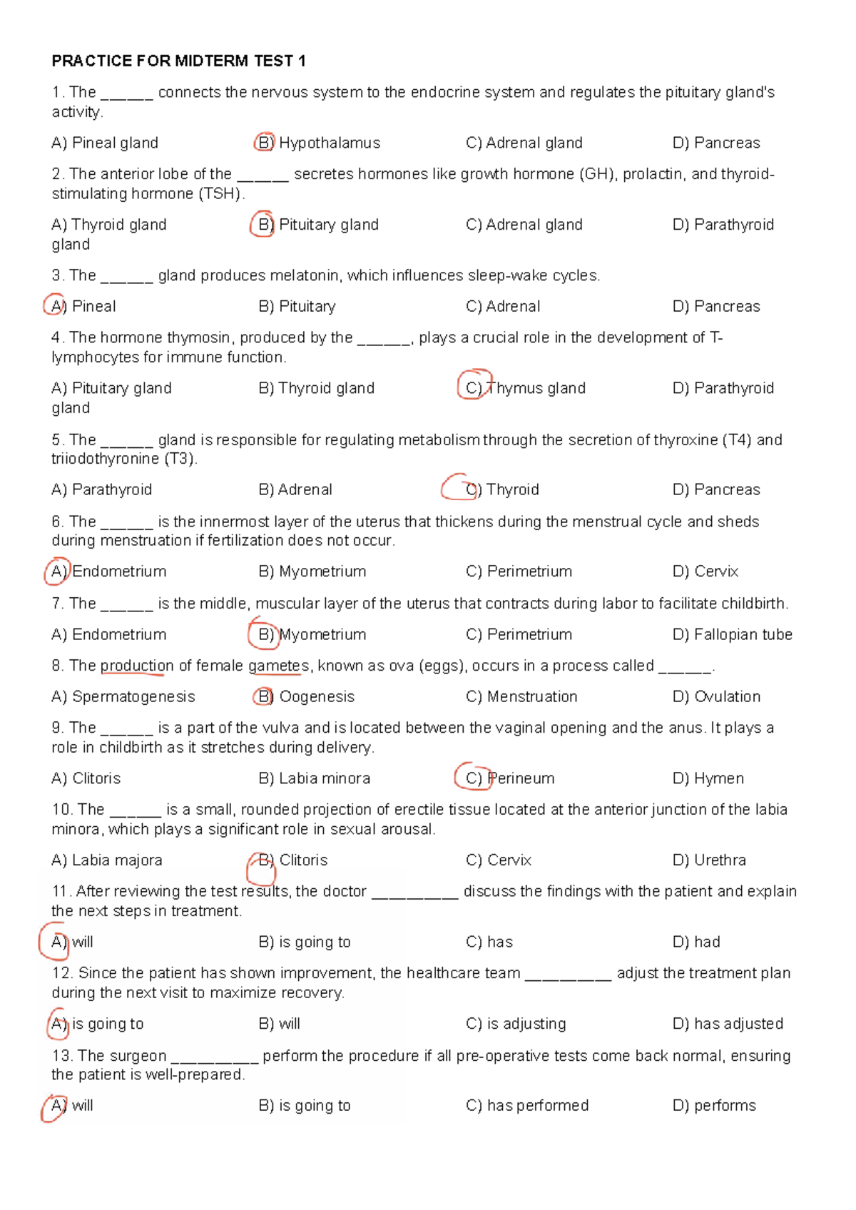 PRACTICE FOR MIDTERM TEST 1: NERVOUS & ENDOCRINE SYSTEMS - Studocu