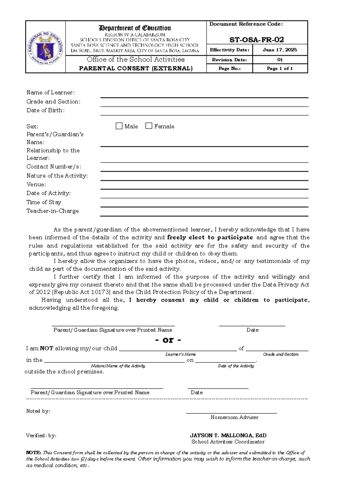 Parental Consent Form for External Activities - School Use - Studocu