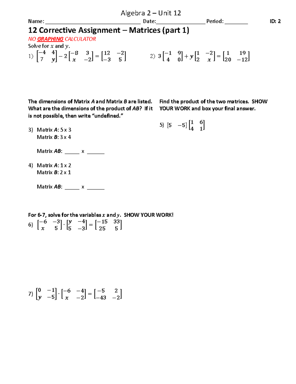 Algebra 2 Unit 12 Corrective Assignment: Matrices Review (Parts 1 & 2 ...