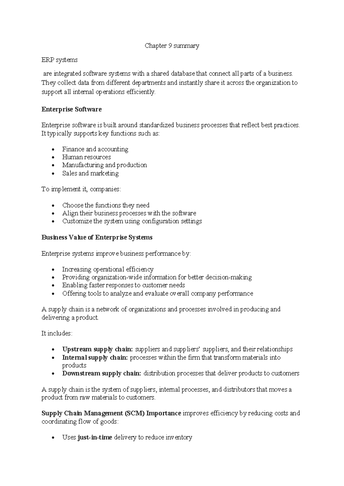 Chapter 9 Summary: ERP, SCM, and CRM Systems Notes - Studocu