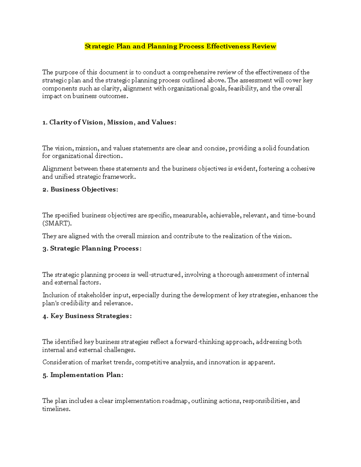 Strategic Plan Effectiveness Review: Assessment of Planning Process ...