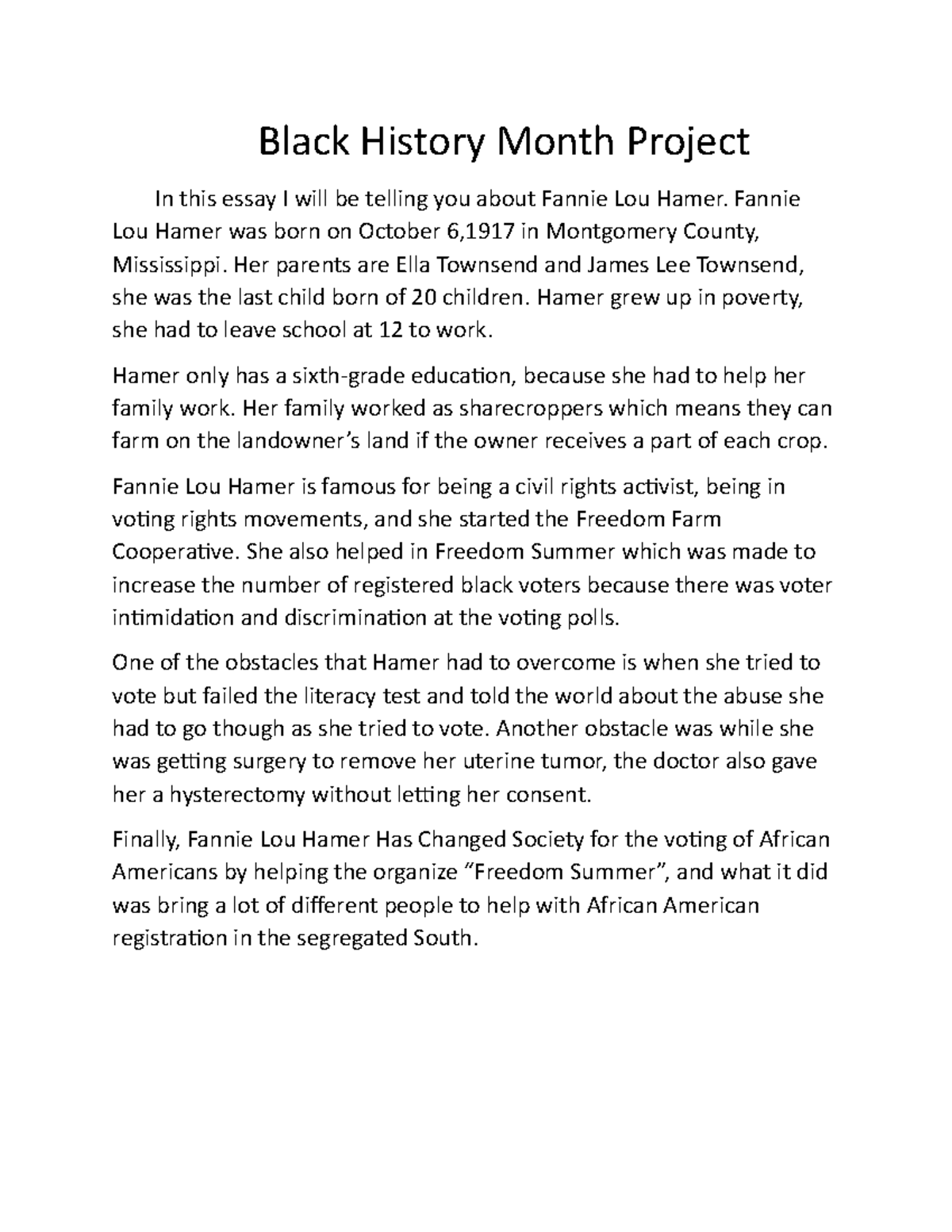 Black History Essay: Fannie Lou Hamer's Impact on Civil Rights - Studocu