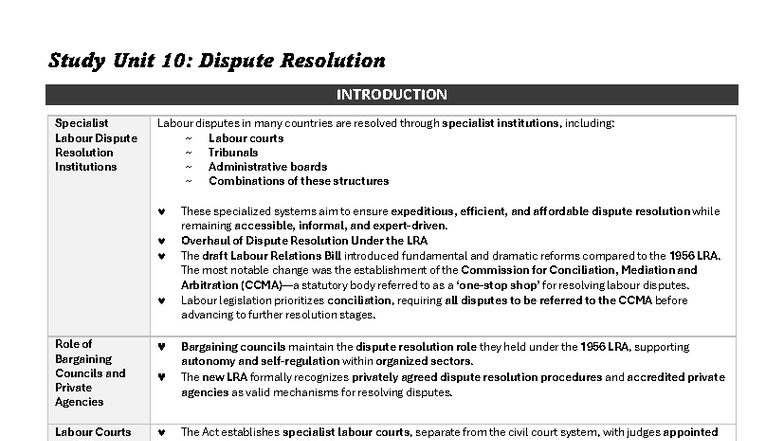 SU 10: Overview of Labour Dispute Resolution Mechanisms - Studocu