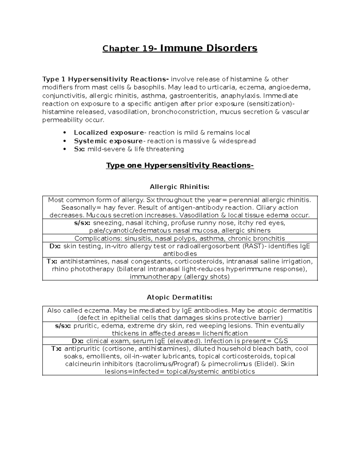 Ch 19 - med surg ch 19 notes - Chapter 19- Immune Disorders Type 1 ...